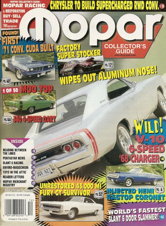 MOPAR COLLECTORS GUIDE 2001 DEC - WORLDs FASTER SLANT 6, MOD TOP DART ...